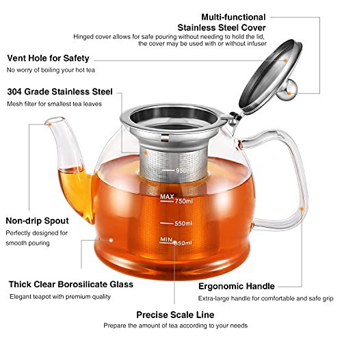 Glass Teapot, 33 oz / 1000ml Glass Teapot with Removable Infuser, Clear Teapot for Blooming Tea, Loose Tea, Flowering Tea Pot, Scale line Borosilicate Glass Teapot Stovetop Safe Tea Brewer Guide