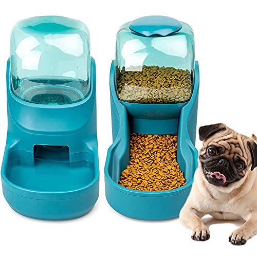 Automatic Dog Cat Feeder and Water Dispenser,Pet Food Bowl, Gravity Food Feeder and Waterer Set for Small Medium Dog Puppy Kitten, Large Capacity 1 Gallon x 2 (Retro Green)