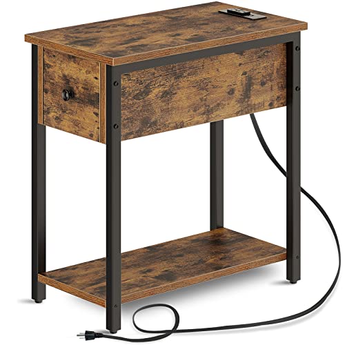 Rolanstar End Table, Sturdy Side Table with Charging Station, 2 USB Ports, Drawer, Shelf and Large Storage, Narrow Bedside Table for Sofa, Living Room (Rustic Brown)