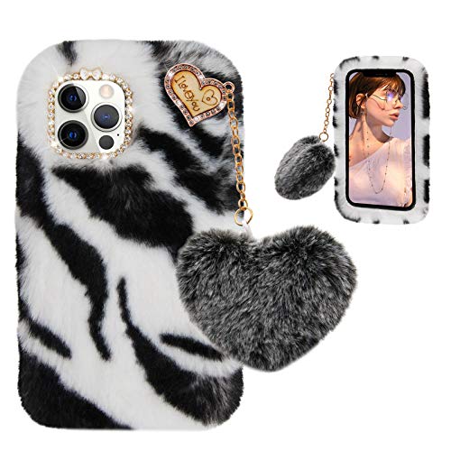 Furry Case for Samsung Galaxy S21 FE 5G, Girlyard Soft Fluffy Plush Faux Rabbit Fur Warm Hairy Shockproof Silicone Bumper Protective Cover with Cute Love Heart Hair Ball Pendant - Zebra White