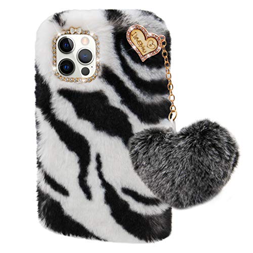 Furry Case for Samsung Galaxy S21 FE 5G, Girlyard Soft Fluffy Plush Faux Rabbit Fur Warm Hairy Shockproof Silicone Bumper Protective Cover with Cute Love Heart Hair Ball Pendant - Zebra White