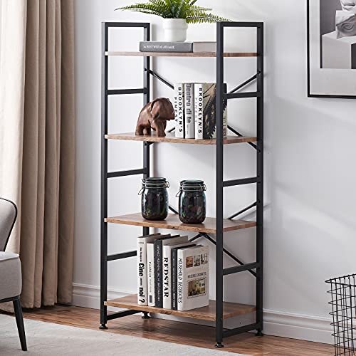 HASIODXE Industrial 4 Tier Bookshelf, Wood Etagere Bookshelves and Bookcase with Metal Frame, Rustic Standing Unit Shelf Display Rack for Living Room/Home Office, Vintage Brown