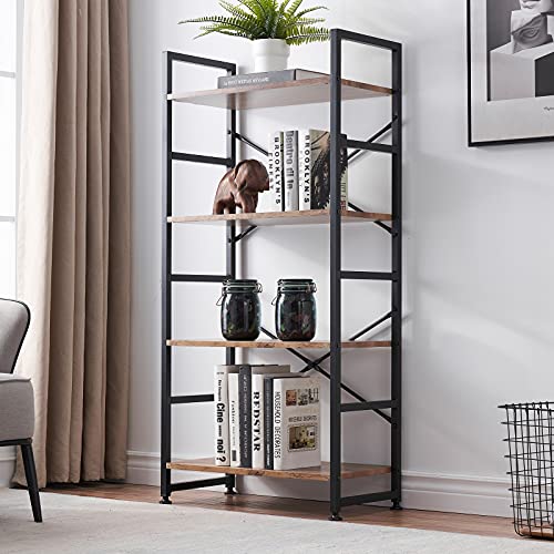 HASIODXE Industrial 4 Tier Bookshelf, Wood Etagere Bookshelves and Bookcase with Metal Frame, Rustic Standing Unit Shelf Display Rack for Living Room/Home Office, Vintage Brown