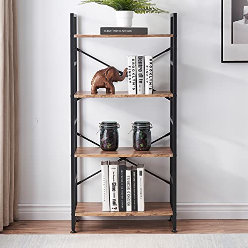 HASIODXE Industrial 4 Tier Bookshelf, Wood Etagere Bookshelves and Bookcase with Metal Frame, Rustic Standing Unit Shelf Display Rack for Living Room/Home Office, Vintage Brown