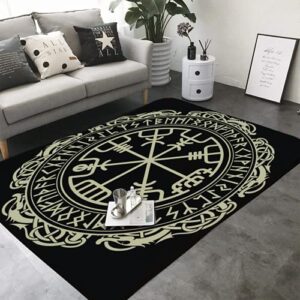 whxm area rug 39x60in magic runic compass vegvisir in the circle of nordic runes and dragons soft flannel microfiber bathroom carpet non-slip floor mat bathtub accessories ljn, white 0