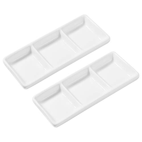 DOITOOL 2Pcs Ceramic Serving Platters, 3 Compartment Appetizer Serving Trays Snack Dishes, White Rectangular Divided Sauce Dishes for Home Kitchen, 5.8" Lx 2.4" Wx 0.8" H