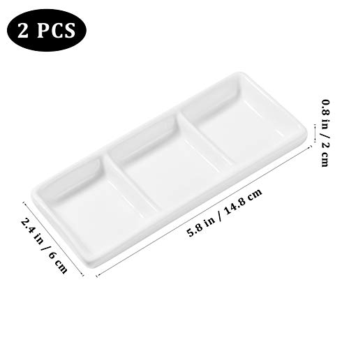 DOITOOL 2Pcs Ceramic Serving Platters, 3 Compartment Appetizer Serving Trays Snack Dishes, White Rectangular Divided Sauce Dishes for Home Kitchen, 5.8" Lx 2.4" Wx 0.8" H