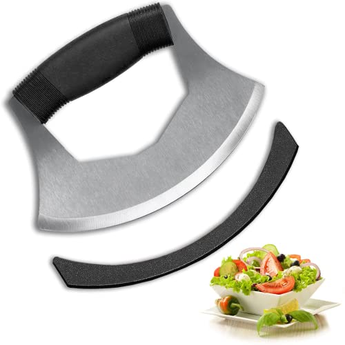 Mezzaluna Knife Salad Chopper, Stainless Steel Blade with Protective Cover - Ergonomic Anti-Slip Handle Vegetable Chopper Mincing Knife for Pizza, Cheese, Onion, Carrot, Pepper, Garlic, Vegetable