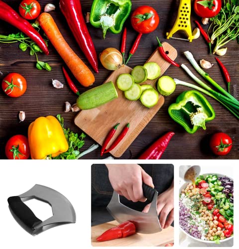 Mezzaluna Knife Salad Chopper, Stainless Steel Blade with Protective Cover - Ergonomic Anti-Slip Handle Vegetable Chopper Mincing Knife for Pizza, Cheese, Onion, Carrot, Pepper, Garlic, Vegetable