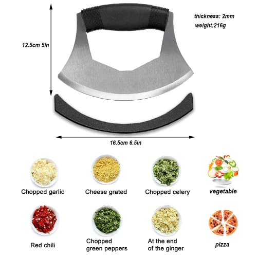 Mezzaluna Knife Salad Chopper, Stainless Steel Blade with Protective Cover - Ergonomic Anti-Slip Handle Vegetable Chopper Mincing Knife for Pizza, Cheese, Onion, Carrot, Pepper, Garlic, Vegetable