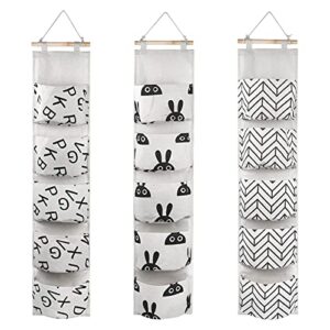 dsvenroly 3pcs hanging storage bag with 5 pockets, premium cotton＆fabric over the door hanging organizer waterproof wall door closet hanging shelve for bedroom, washroom, living room