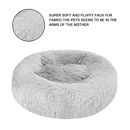 Dog Bed & Cat Bed, Calming Anti-Anxiety Donut Dog Cuddler Bed, Machine Washable Round Pet Bed, Comfy Faux Fur Plush Dog Cat Bed for Small Medium Large Dogs and Cats (30" x 30", Light Grey)