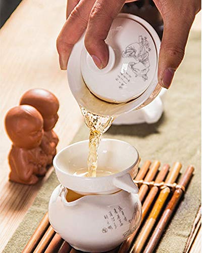 Emoyi Lotus Rhyme Brid Pattern Porcelain Kung Fu Tea Cup and Saucer with Lid Sancai Tea Bowl Tea Set, White, 100ml(KK-544)