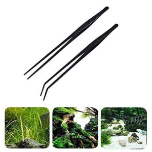 2 Pack Aquarium Forceps, 15 inch Long Handle Aquarium Tweezers Stainless Steel Straight and Curved Tweezers Set for Fish Tank Aquatic Plants Long Handle Reptile Feeding Tongs, Black