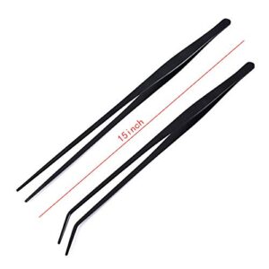 2 Pack Aquarium Forceps, 15 inch Long Handle Aquarium Tweezers Stainless Steel Straight and Curved Tweezers Set for Fish Tank Aquatic Plants Long Handle Reptile Feeding Tongs, Black