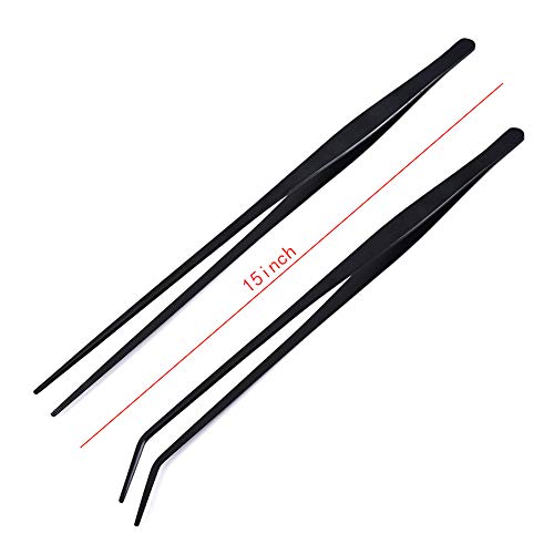 2 Pack Aquarium Forceps, 15 inch Long Handle Aquarium Tweezers Stainless Steel Straight and Curved Tweezers Set for Fish Tank Aquatic Plants Long Handle Reptile Feeding Tongs, Black