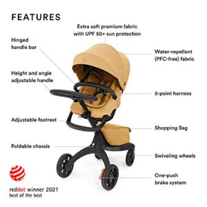 Stokke Xplory X, Golden Yellow - Luxury Stroller - Adjustable for Both Baby & Parents' Comfort - Padding, Harness & Reflective Zipper for Added Safety - Folds in One Step