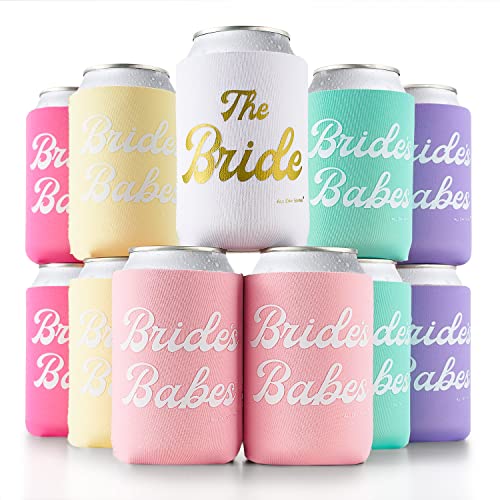 BRIDE'S BABES Bachelorette Party Can Sleeves - 11 Pack Insulated Neoprene Drink Holders for Regular Cans Bottles | Decorations, Supplies & Favors (Retro Rainbow)