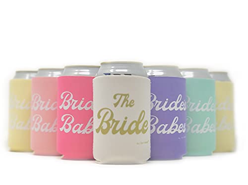 BRIDE'S BABES Bachelorette Party Can Sleeves - 11 Pack Insulated Neoprene Drink Holders for Regular Cans Bottles | Decorations, Supplies & Favors (Retro Rainbow)