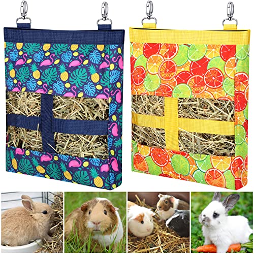 2 Pieces Guinea Pig Hay Bag Washable Pet Rabbit Hay Feeder Bag with 2 Holes Cute Small Animal Hanging Feeder Sack Storage for Rabbit Guinea Pig Chinchilla Hamster Small Pets (Flamingo, Orange)