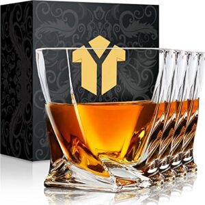 kitnats old fashioned whiskey glasses 10 oz rocks glasses set of 4, gift box - barware for bourbon, scotch, rum glasses, whisky cocktail drinks for men women