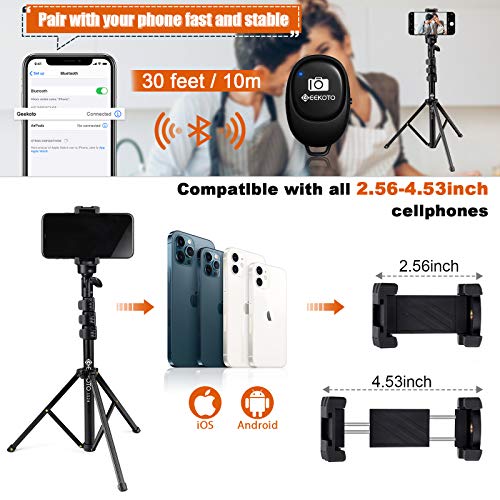 Geekoto Cell Phone Tripod: Extendable Phone Tripod,Selfie Stick with Remote,Heavy-Duty Aluminum Built,for iPhone&Android Phone/Camera/Gopro