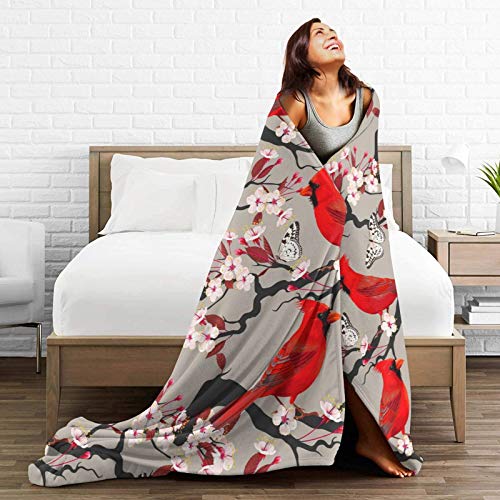 LodiSFOA Lightweight Microfiber Plush Throw Blanket Air Conditioner for Couch Bed Sofa Travel All Seasons… (Cardinals Birds Cherry Flowers, 40"×50")