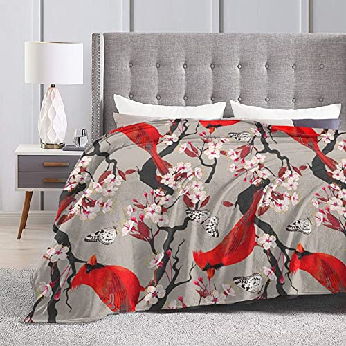 LodiSFOA Lightweight Microfiber Plush Throw Blanket Air Conditioner for Couch Bed Sofa Travel All Seasons… (Cardinals Birds Cherry Flowers, 40"×50")