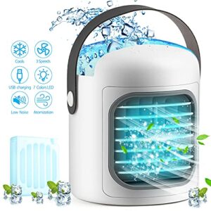 portable air conditioner 4 in 1 personal air cooler fan with 4 ice tray usb rechargeable mini quiet evaporative humidifier with 7 led light battery operated 3 wind speed desktop cooler for home/office