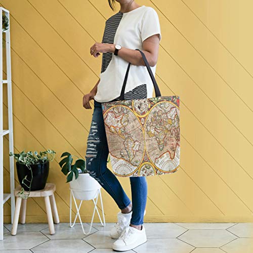 AUUXVA Canvas Tote Bags Reusable Ancient World Map Large Canvas Handbag Purse Shoulder Shopping Bag for Women Grocery Bag with Zipper Pouch