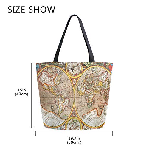 AUUXVA Canvas Tote Bags Reusable Ancient World Map Large Canvas Handbag Purse Shoulder Shopping Bag for Women Grocery Bag with Zipper Pouch