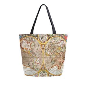 AUUXVA Canvas Tote Bags Reusable Ancient World Map Large Canvas Handbag Purse Shoulder Shopping Bag for Women Grocery Bag with Zipper Pouch