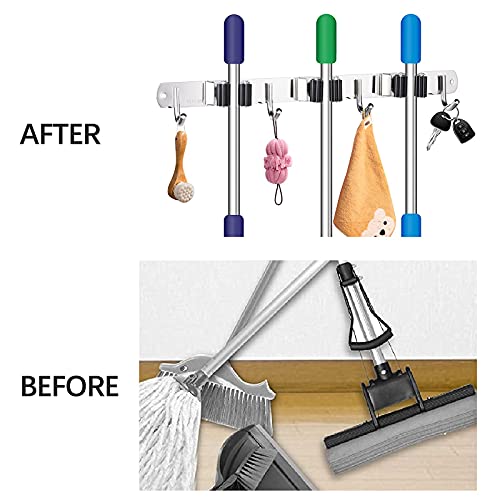 Broom Holder Wall Mount, Kmeivol Heavy Duty Broom Holder Garage Organization Stainless Steel Broom and Mop Holder Wall Mounted, Broom Organizer Wall Mount for Kitchen, Garage, Laundry, Bathroom