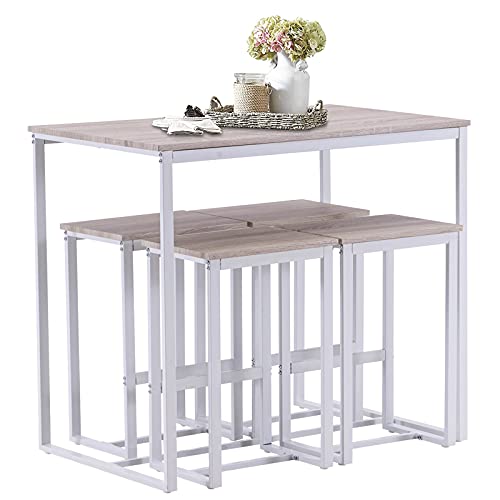 SSLine 5-Piece Bar Table and Chair Set,Modern Industrial Pub Bar Dining Table Set Wood Kitchen Table Set,Counter Height Dining Set with 4 Stools (Oak White)