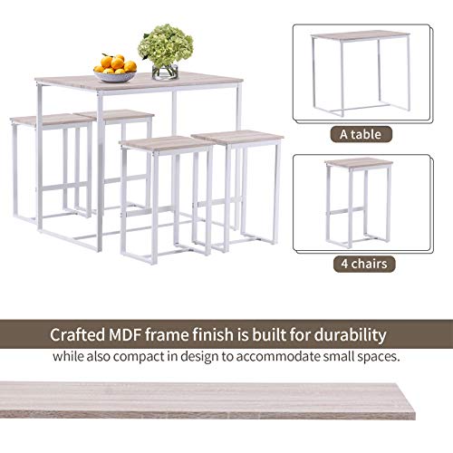 SSLine 5-Piece Bar Table and Chair Set,Modern Industrial Pub Bar Dining Table Set Wood Kitchen Table Set,Counter Height Dining Set with 4 Stools (Oak White)