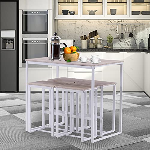 SSLine 5-Piece Bar Table and Chair Set,Modern Industrial Pub Bar Dining Table Set Wood Kitchen Table Set,Counter Height Dining Set with 4 Stools (Oak White)