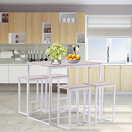 SSLine 5-Piece Bar Table and Chair Set,Modern Industrial Pub Bar Dining Table Set Wood Kitchen Table Set,Counter Height Dining Set with 4 Stools (Oak White)