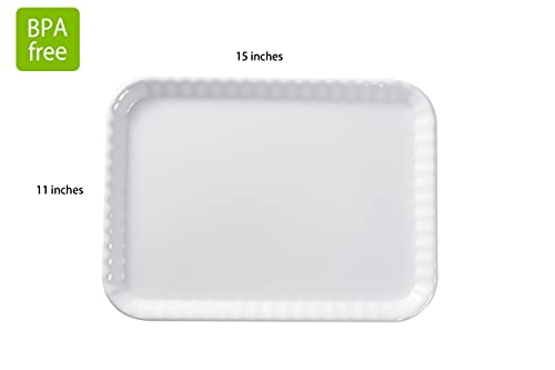 Blue Boat 15" x 11" Rectangular Serving Trays Set of 2 White, Melamine Serving Platter, Light Weight Easy to Clean Sturdy Stackable BPA-Free Dishwasher Safe