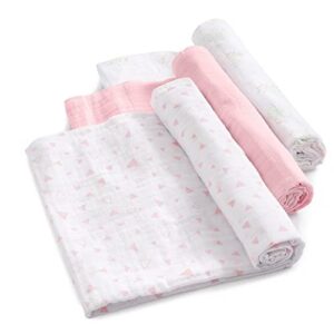 daysu muslin swaddle blankets for newborn babies, breathable cotton baby muslin blankets for girls, large 47”x47”, set of 3 - pink/floral/geometric