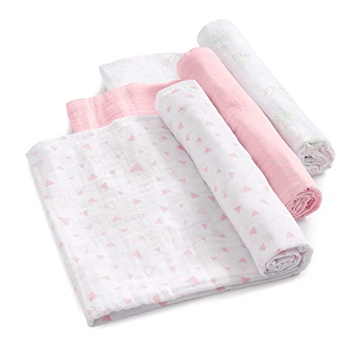 DaysU Muslin Swaddle Blankets for Newborn Babies, Breathable Cotton Baby Muslin Blankets for Girls, Large 47”x47”, Set of 3 - Pink/Floral/Geometric