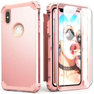 idweel iphone xs max case with tempered glass screen protector, 3 in 1 shock absorption heavy duty protection hard pc cover soft silicone bumper full body durable case, rose gold