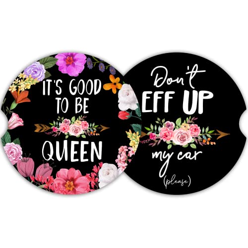 Funny Car Coasters for Cup Holders - 2 Pack Absorbent Ceramic Stone Car Cup Holder for Women, Keep Auto Clean & Easy Removal, Cute Car Accessories Interior & Great Gift Idea, Flower & Sayings Mix