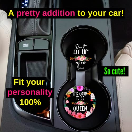 Funny Car Coasters for Cup Holders - 2 Pack Absorbent Ceramic Stone Car Cup Holder for Women, Keep Auto Clean & Easy Removal, Cute Car Accessories Interior & Great Gift Idea, Flower & Sayings Mix