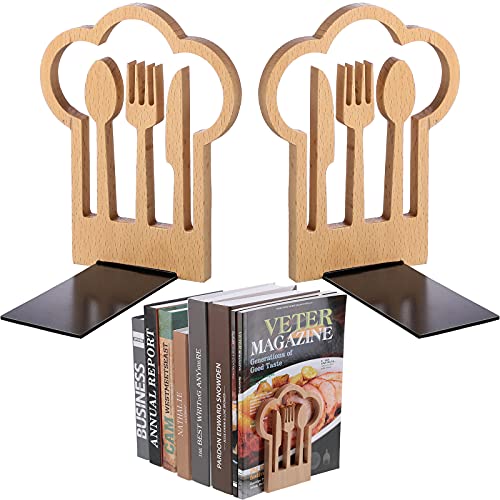 Decorative Kitchen Bookends, Wooden Cookbook Bookends Kitchen Counter Decor Fork Knife Spoon Wood Book Shelf for Office Home Files Magazine Kitchen Book Holders