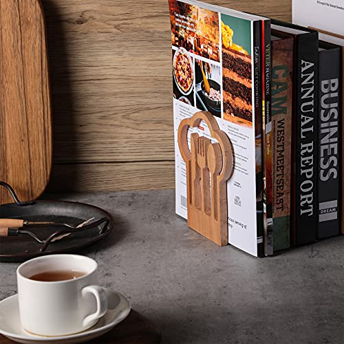 Decorative Kitchen Bookends, Wooden Cookbook Bookends Kitchen Counter Decor Fork Knife Spoon Wood Book Shelf for Office Home Files Magazine Kitchen Book Holders