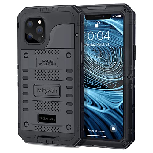 Mitywah Waterproof Case for iPhone 12 Pro Max, Heavy Duty Military Grade Armor Metal Case, Full Body Protective Rugged Shockproof Thick Dustproof Strong Case for iPhone 12 Pro Max 6.7’’, Black