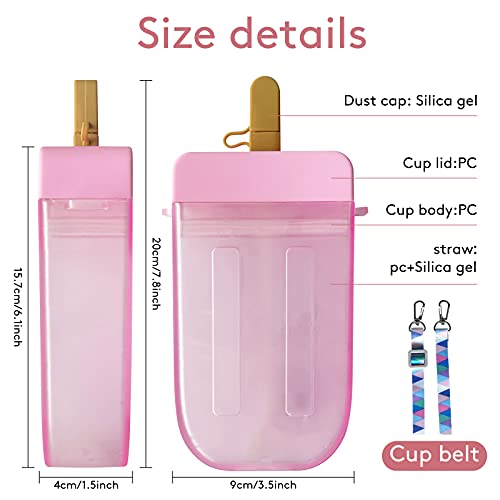 Popsicle Water Bottle with Strap, Creative Ice Cream Water Bottle, Cute Water Bottles with Straws, Transparent Water Jug Juice Drinking Cup Suitable for Camping Sports Shopping Kids School(Pink)