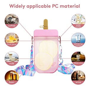 Popsicle Water Bottle with Strap, Creative Ice Cream Water Bottle, Cute Water Bottles with Straws, Transparent Water Jug Juice Drinking Cup Suitable for Camping Sports Shopping Kids School(Pink)