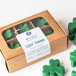 st. patrick's day wax melts lucky charms sandalwood + coconut | strong scented shamrock tarts pack of 6 | st. patty clovers - 3 oz.