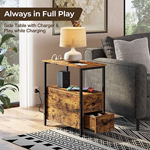 Rolanstar End Table with Charging Station, Narrow Side Table with 2 Wooden Drawers, USB Ports and Power Outlets, Nightstand Sofa Table for Small Spaces, Living Room, Bedroom, Rustic Brown